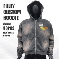 China Tianan OEM Custom Streetwear Hoodie Vintage Acid Wash Rhinestone Graffiti Embroidery Oversized Distressed Applique Men's Hoodies for sale