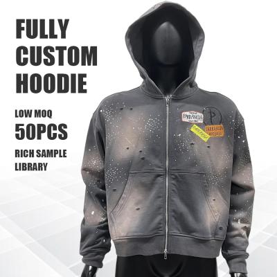 China Tianan OEM Custom Streetwear Hoodie Vintage Acid Wash Rhinestone Graffiti Embroidery Oversized Distressed Applique Men's Hoodies for sale