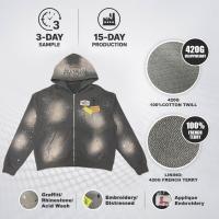 China Tianan OEM Custom Streetwear Hoodie Vintage Acid Wash Rhinestone Graffiti Embroidery Oversized Distressed Applique Men's Hoodies for sale