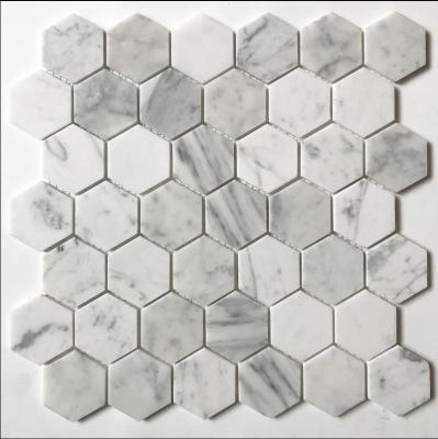 China White Hexagon Calacatta Marble Carrara Mosaic Tiles Sophisticated Bathroom Background for sale
