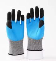 China Blue 13g Latex Dipped Work Gloves Breathable Nitrile Foam Coated Gloves for sale
