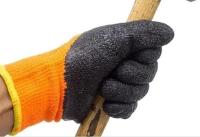 China 7 Gauge Black Crinkle Latex Coated Gloves Half Coated for sale