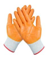 China 7Ga Orange Latex Work Gloves Cotton Yarn Dipped Rubber Coated Glove for sale