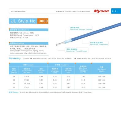 China AWM3069 22AWG Silicone Rubber Insulated Cables 600V/150C UL758 FT2 Blue Robot for sale