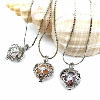 China Fashion Wish Pearl Pendant Necklace Natural Oyster Gift Love Heart Cage Holder Chokers Necklace For Women Jewelry for sale
