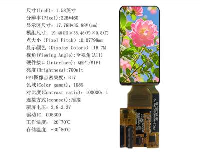 China 1.58 Inch AMOLED Display Module with 700nit Brightness 228RGB x 460 Resolution and QSPI/MIPI Interface，CO5300 Driver IC，TP IC CST820 for sale