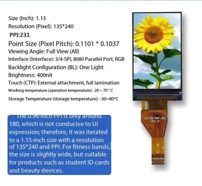 China 1.15 inch IPS TFT LCD Module with 135x240 Resolution and 400nit Brightness for Handheld Devices for sale