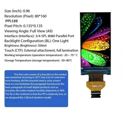 China 0.96 Inch IPS TFT LCD Module with 80x160 Resolution and 500 Brightness for Smart Bracelet for sale