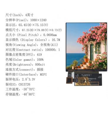 China 4.0 Inch AMOLED Display Module with 800nit Brightness and 1080RGBx1240 Resolution MIPI Interface for sale