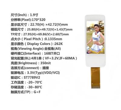 China 1.9 inch IPS TFT Module with 170x320 Resolution and 350nit Brightness High Quality Screen for sale