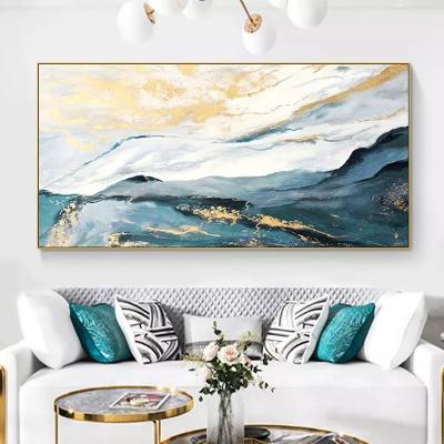 China Modern Abstract Blue Gold Hand Painted Canvas Oil Landscape Painting with Customizable Size and Hand Applied Gold Leaf for sale
