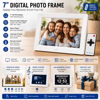 China 7 Inch HD Digital Photo Frames 1024*600 LCD Photo Frame With Video, Music And Remote Control for sale