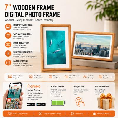 China Smart Wooden Digital Photo Frame 7 Inch High Definition Digital Picture Frame With Built In Battery And Bluetooth for sale
