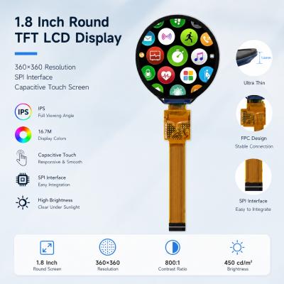 China 1.8 Inch Round TFT LCD Display 360x360 SPI Interface Display With Capacitive Touch Screen for sale