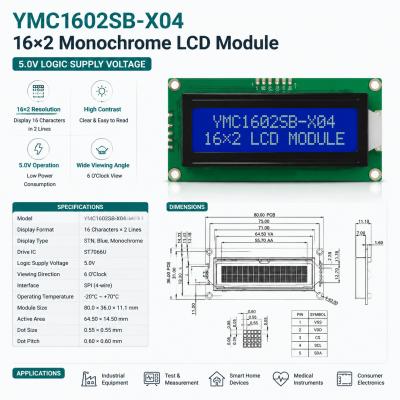 China Industrial Grade 16x2 Character LCD Display 5V Logic Supply Monochrome LCD Screen for sale