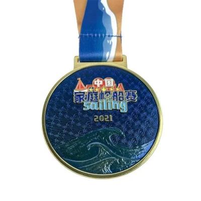 China Custom Electroplated Sailing Medal Design Marine Elements Zinc Alloy Brass 1.5 Inch Ribbon for sale