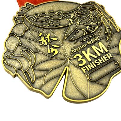 China Custom 3KM Finisher Soft Enamel Medal Souvenir Award with Antique Gold Plating and Ribbon for sale