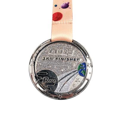 China Custom Soft Enamel Glitter Medal with Ribbon 1.5 Inch Width Clear Glossy Finish for sale