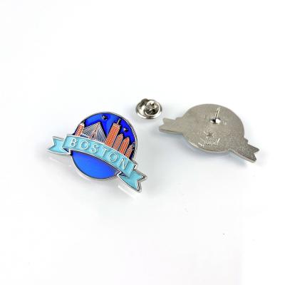 China Custom Enamel City Pin Badge Offset Printing Silver Sandblasting Zinc Alloy 18 Years Factory for sale