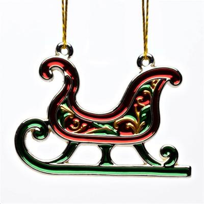 China Custom Polished Silver Sleigh Ornament 3D Zinc Alloy Die Struck Holiday Decor for sale