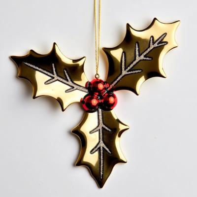 China Zinc Alloy Festive Holly Ornament Shiny Gold Die Struck 3D Design for Wreaths for sale