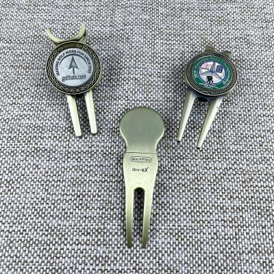 China Antique Gold Soft Enamel Golf Divot Tool with Magnetic Ball Marker 3.5x1.5x0.5in for sale