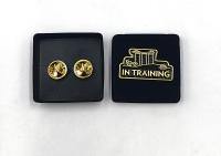 China Custom 0.75 Inch Hard Enamel Lapel Pin with Double Butterfly Clasp and Plastic Box for sale