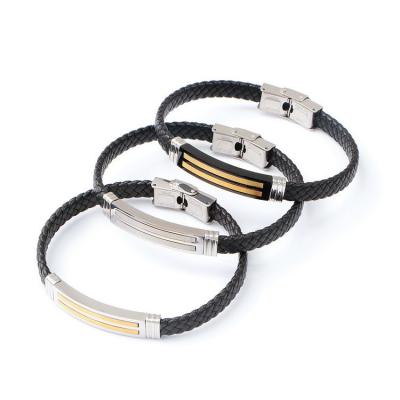 China Leather rope bracelet trendy retro leather woven stainless steel men's bracelet fashionable for sale