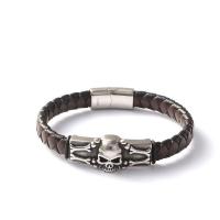 China Skeleton Skull Brown Black Leather Creative Personality Stainless Steel Casting Trendy Leather Bracelet European and American Punk Skull Fashion Trendy Clothing Accessories for sale