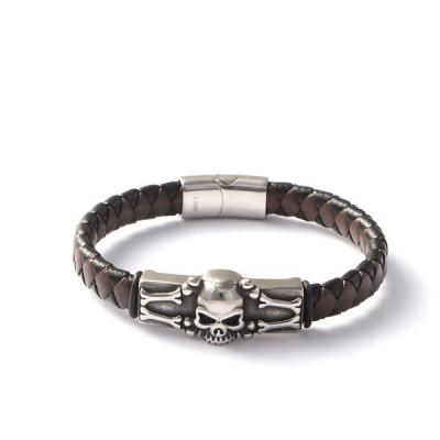 China Skeleton Skull Brown Black Leather Creative Personality Stainless Steel Casting Trendy Leather Bracelet European and American Punk Skull Fashion Trendy Clothing Accessories for sale
