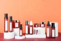 China Empty Cosmetic Packaging Set Red Frosted PET Face Cream Jar 15ml-300ml and Serum Bottle 20ml-1000ml for sale