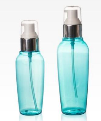 China Wider Shoulder Transparent Round Cosmetic Bottle With Argent Gold Pump 200ml for sale