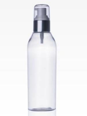 China 200ml Round Shoulder PET Plastic Cosmetic Bottle with Transparent Cap and Silver Lotion Pump for sale