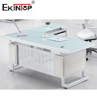 China Blue White Metal Feet Executive Glass Desk Polished Durable Surface for sale