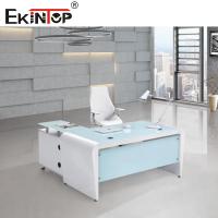 China Rectangle White Blue Office Computer Glass Desk Top With Drawers And Storage for sale