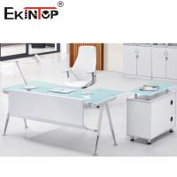 China Rectangle White Blue Office Computer Glass Desk Top With Drawers And Storage for sale