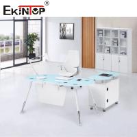 China White Blue L Shape CEO Office Glass Desk With Cabinet Smooth Surface for sale