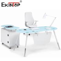 China White Blue L Shape CEO Office Glass Desk With Cabinet Smooth Surface for sale