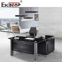 China Modern Glass Desk Top With Metal Legs And Drawer Executive Glass Table for sale