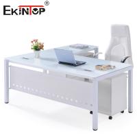 China Transparent Blue Glass Desk For Office Building With Metal Legs for sale