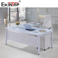 China Transparent Blue Glass Desk For Office Building With Metal Legs for sale
