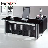 China Black Office Glass Desk with Drawers Metal Feet for Home and Business Use for sale