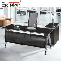 China Black Office Glass Desk with Drawers Metal Feet for Home and Business Use for sale