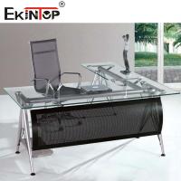 China Black Office Glass Desk with Drawers Metal Feet for Home and Business Use for sale