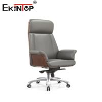 China High-back Rotating Height-Adjustable with Wooden Base and Gray Leather Chair for sale