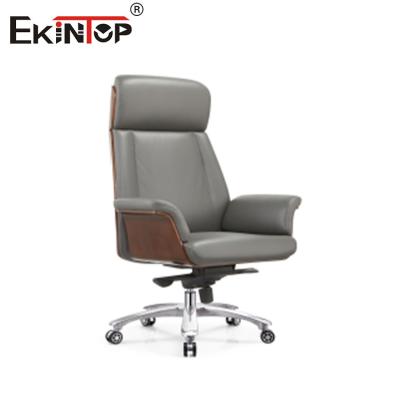 China High-back Rotating Height-Adjustable with Wooden Base and Gray Leather Chair for sale