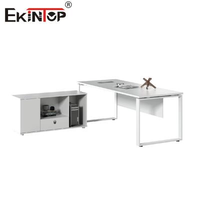 China Customizable White Office Desk With Metal Frame Wooden Desktop for sale