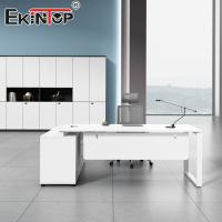 China Customizable White Office Desk With Metal Frame Wooden Desktop for sale