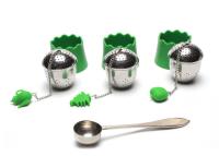 China Stainless Steel Tea Infuser With Silicone Tray And Metal Chain Plus Apple /Christmas Trees for sale