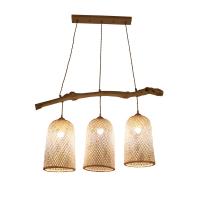 China Three Heads Rattan Pendant Light , Restaurant Bamboo Woven Lamp 3500K for sale